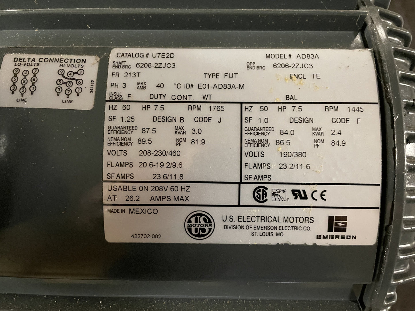 Electric Motor 7.5HP, 208-230/460 V, 1765 RPM with 213T Frame for Stok ...