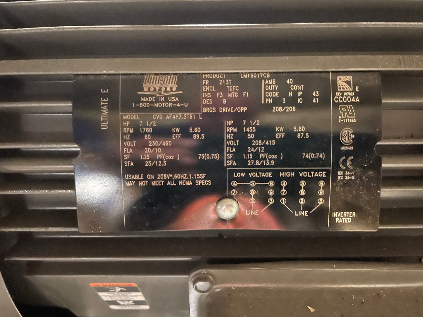 Lincoln Motor 7.5HP, 230/460V, 213T Frame Inverter Ready for Stokes Ta ...